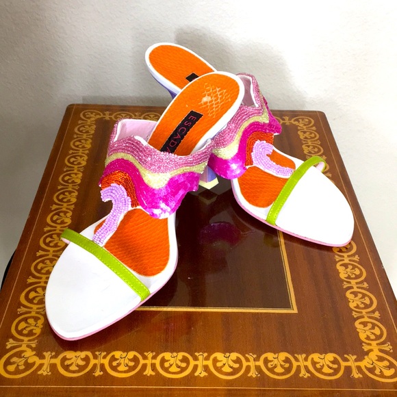 Escada | Shoes | Nwob Escada 37 Beaded Exotics Slides Sandals Heels ...